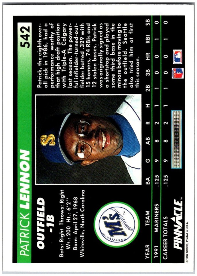 1992 Pinnacle - Rookie Prospect RC #542 Patrick Lennon | eBay