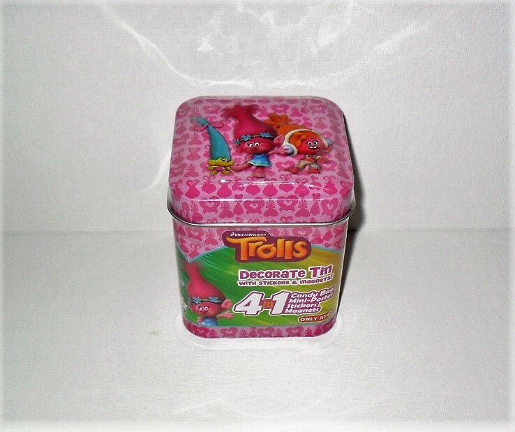 RADZ 4 IN 1 TROLLS DECORATE TIN GUY POPPY & DJ STICKERS MAGNETS CANDY ...
