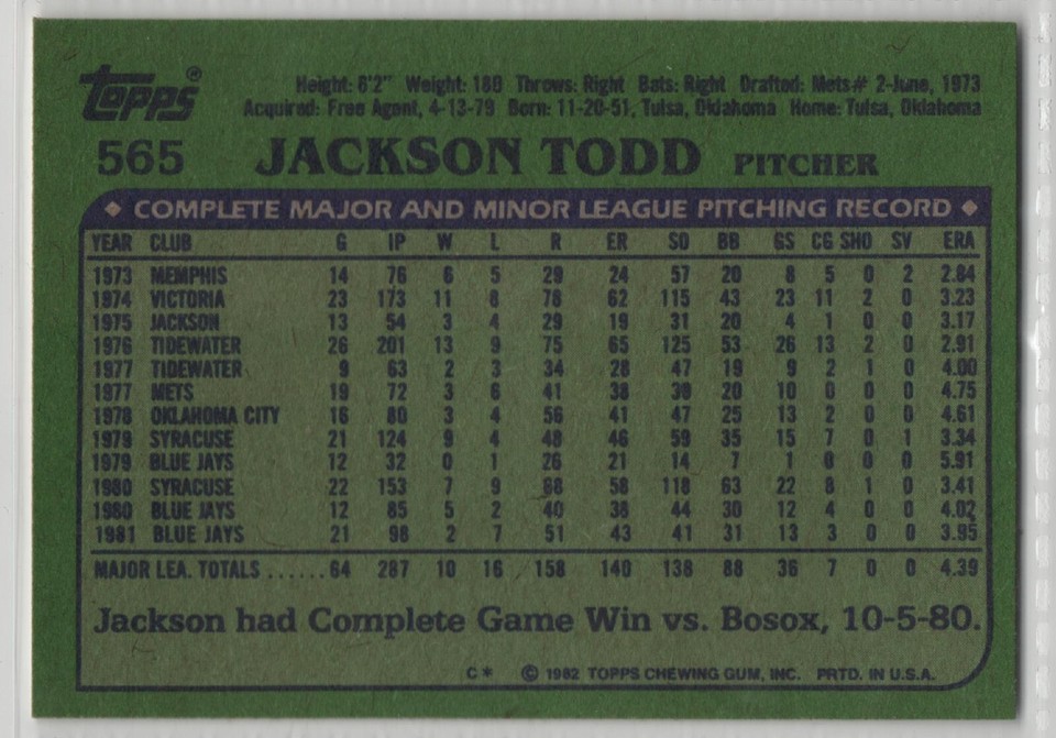 1982 Topps Baseball Card #565 Jackson Todd-Blue Jays | eBay
