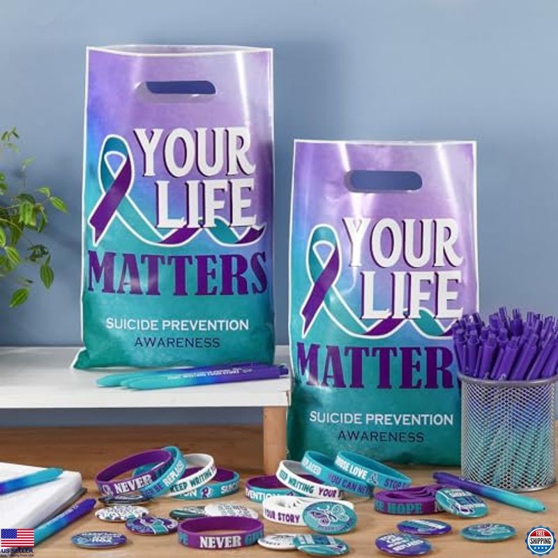 200 Pcs Suicide Prevention Awareness Set - Ribbons, Bags, Wristbands ...
