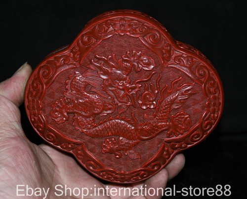 6" Marked Old Chinese Red Lacquer Ware Palace Dragon Flower Jewelry Box ...
