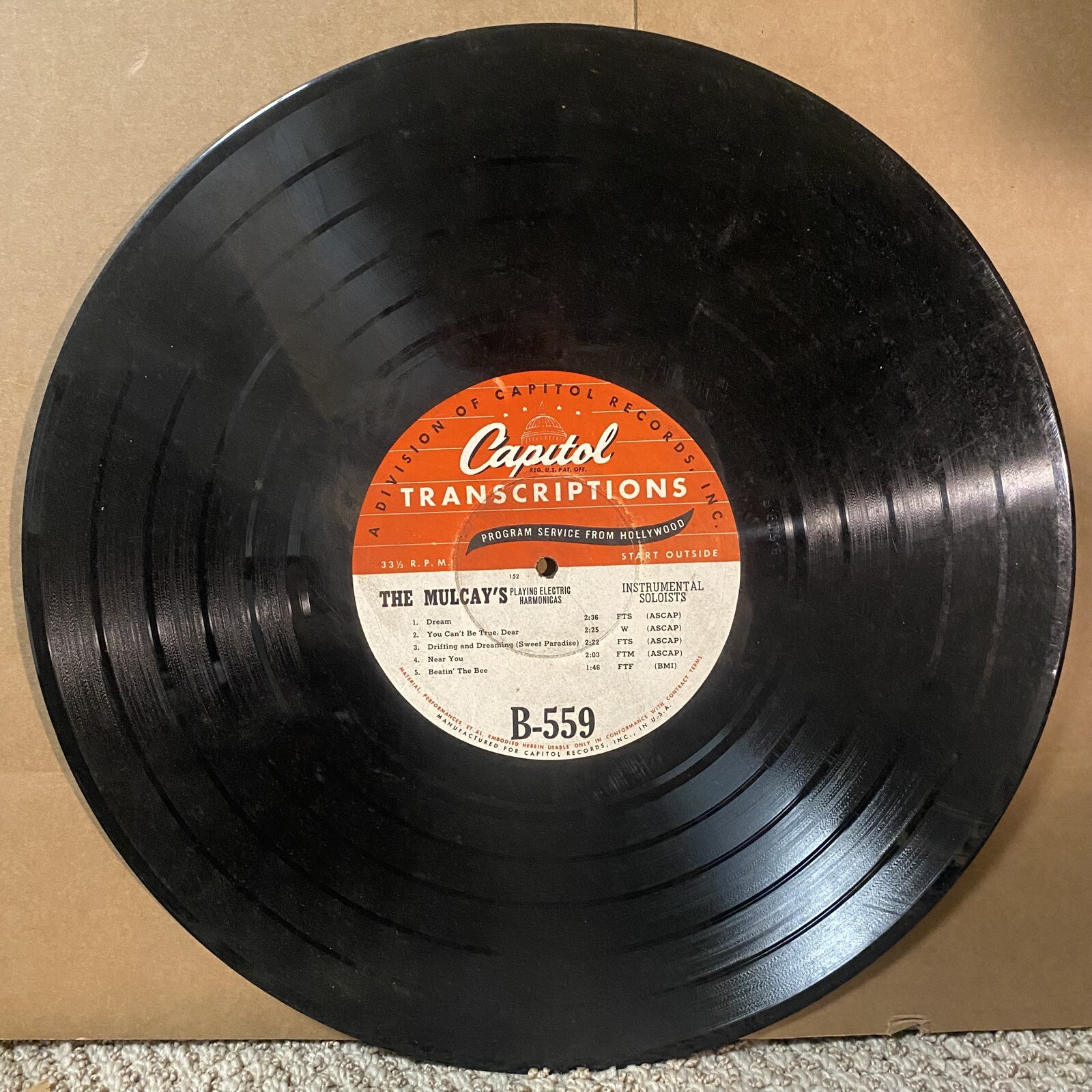 Rare 16” Transcription Record Pee Wee Hunt Capitol B 559 B 560 Ebay