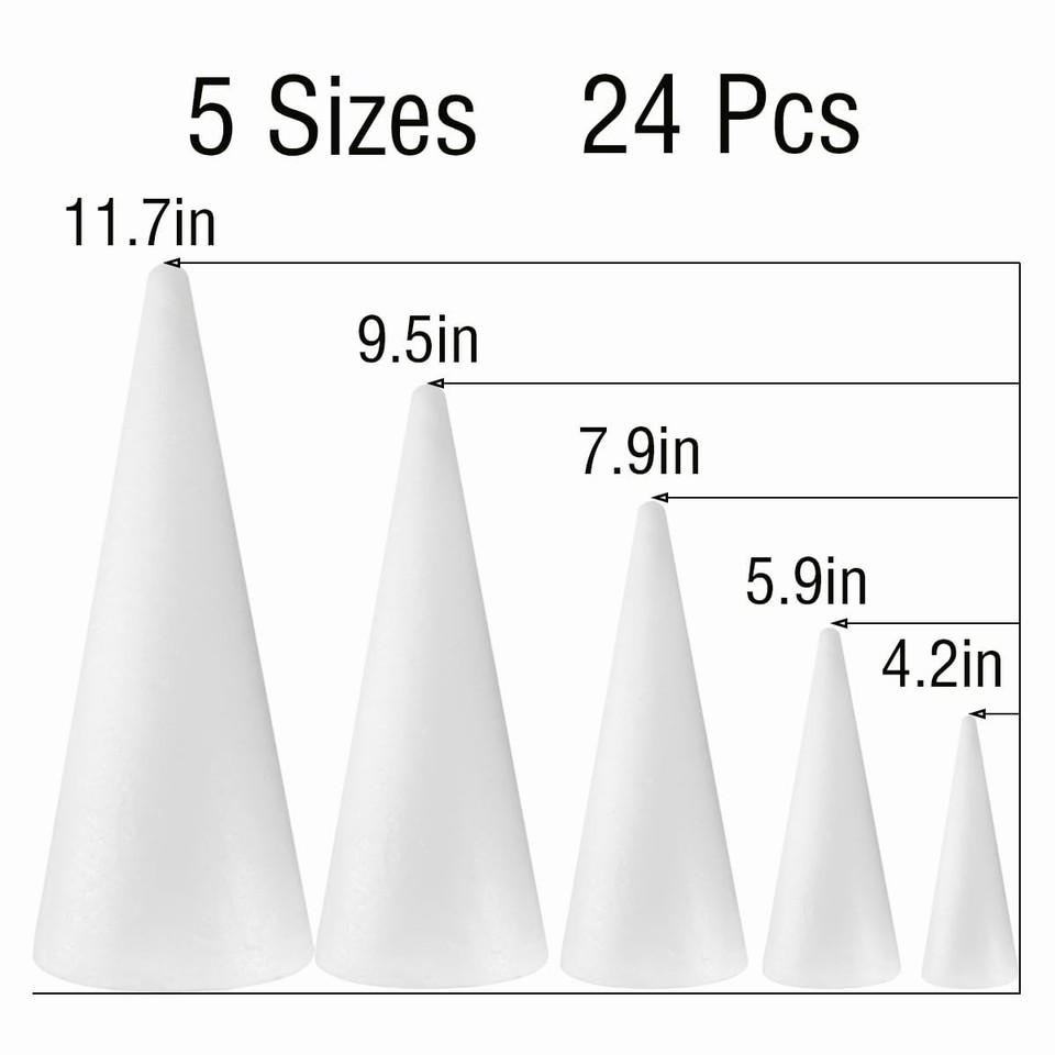 24-Pack Craft Foam Cones, Foam Tree Cones, Assorted Sizes White ...