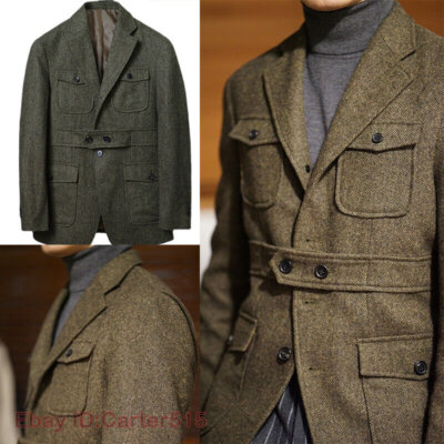 Man Retro British Style Tweed Wool Blend Hunting Suit Jacket Coat Plus ...