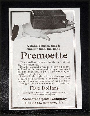 1907 OLD MAGAZINE PRINT AD, PREMOETTE, HAND CAMERA THAT IS SMALLER THAN ...