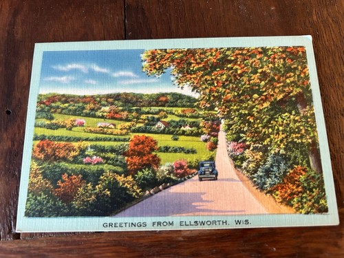 Greetings from Ellsworth Wisconsin Car on Road Scene Vintage Postcard ...