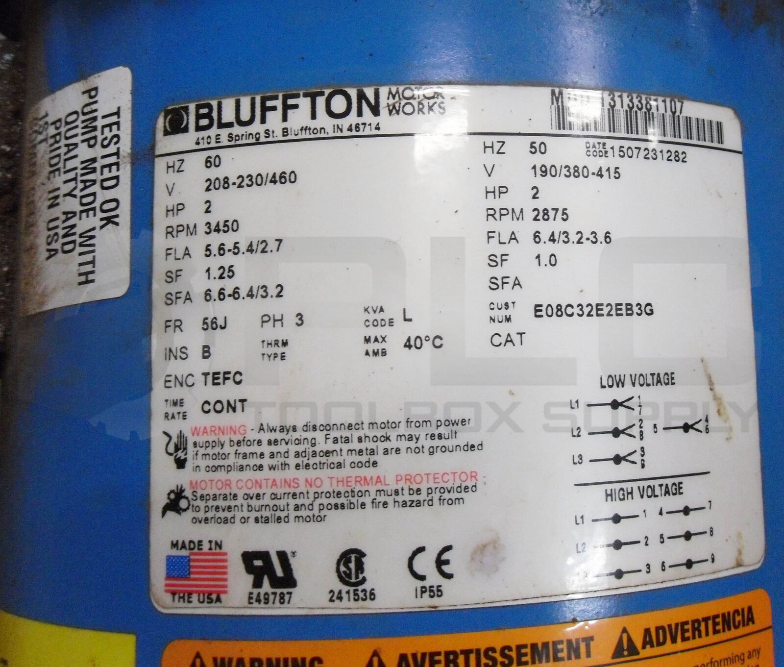 BLUFFTON E08C32E2EB3G MOTOR 2HP 3450RPM FR:56J W/ 2ST1G5C4 PUMP 1-1/4X1 ...
