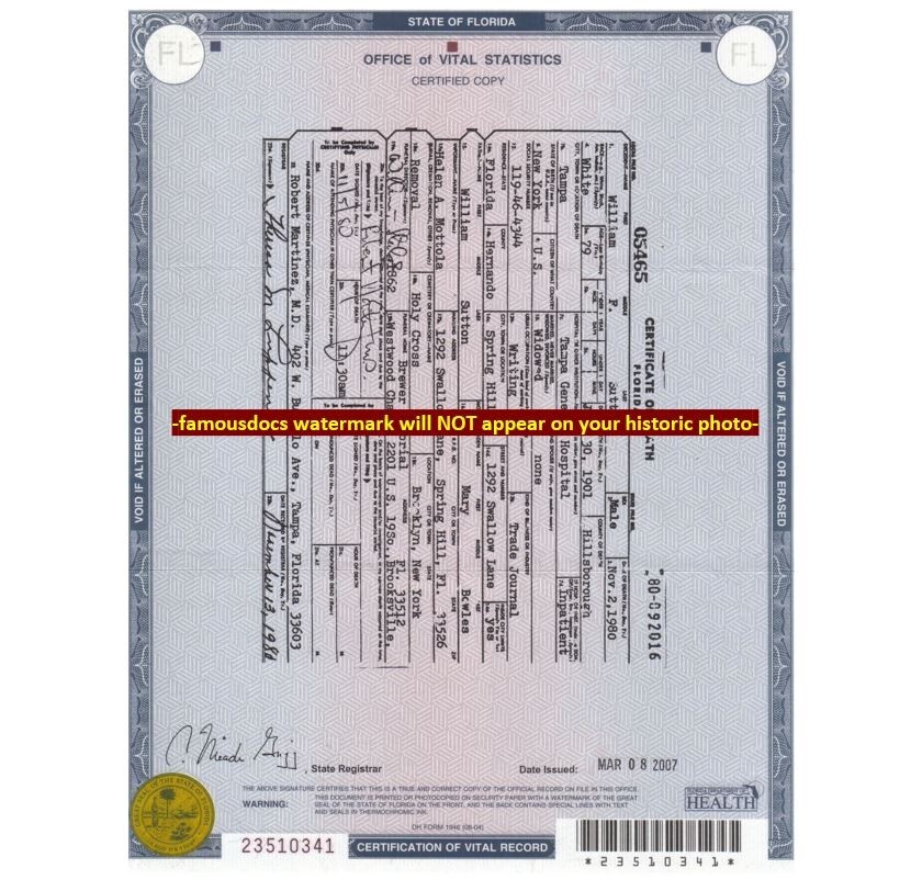 Bank Robber Willie Sutton DEATH CERTIFICATE, Prohibition Era FBI Most ...