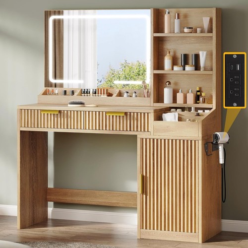 Fluted Makeup Vanity Desk with Large 27" Mirror& Lights Modern Big ...