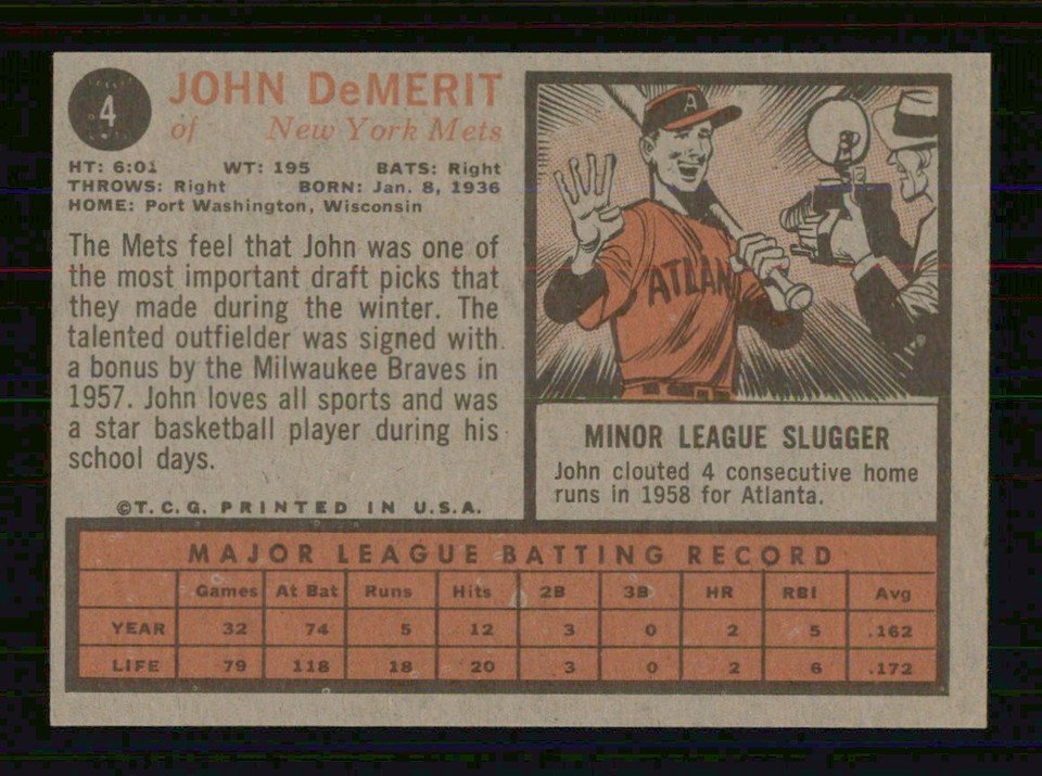 1962 TOPPS BASEBALL # 4 JOHN DeMERIT J9708 | eBay