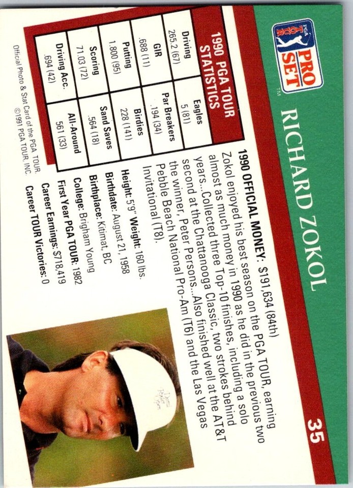 1991 Pro Set Golf #35 Richard Zokol PGA Tour Free Shipping! | eBay
