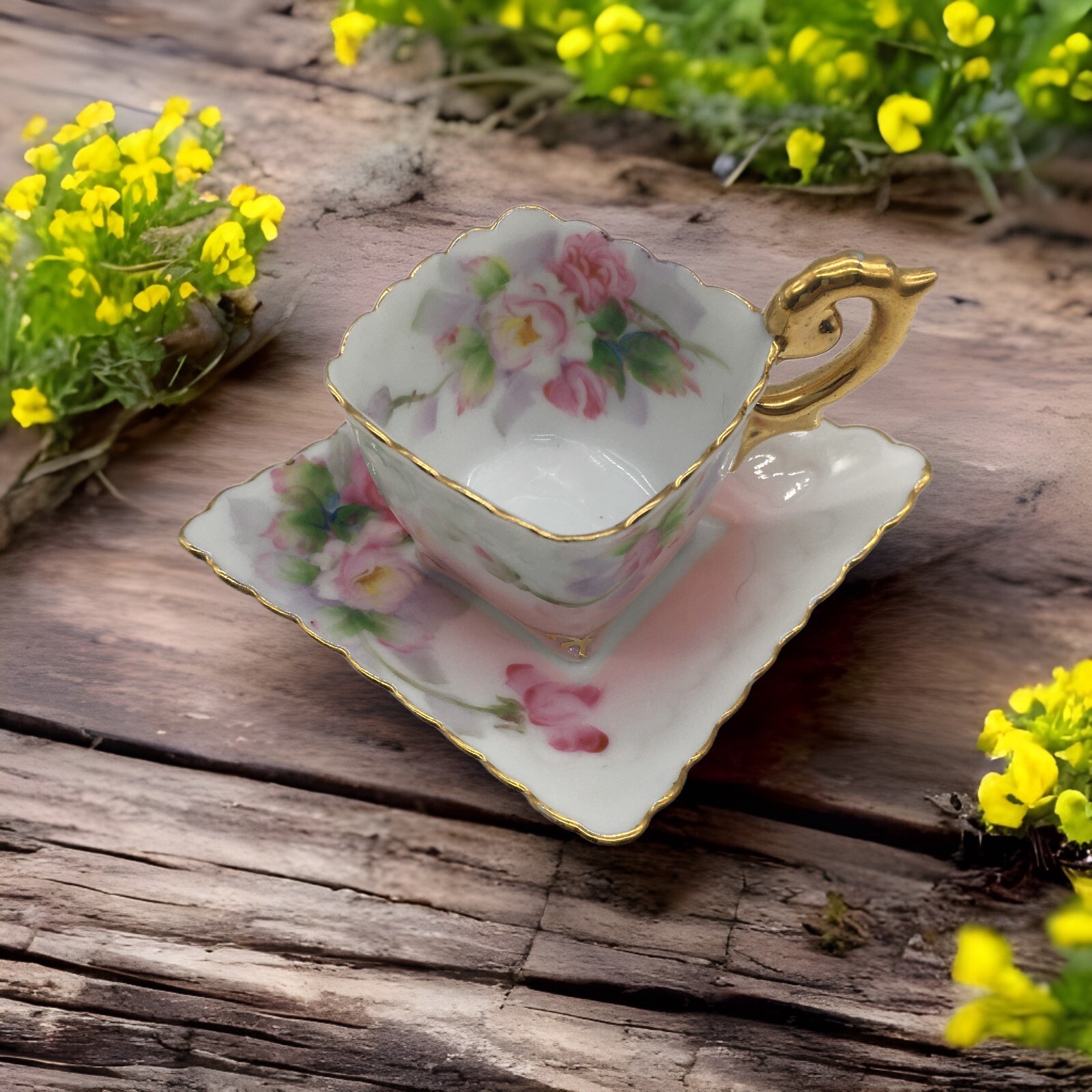 Vintage Miniature Square Tea Cup & Saucer Pink Floral Occupied Japan ...