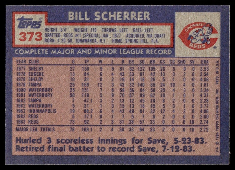 1984 Topps #373 Bill Scherrer - Cincinnati Reds - Rookie | eBay