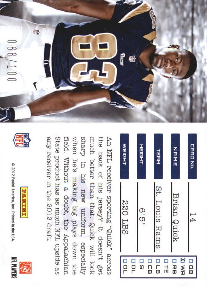 2012 Prestige NFL Draft Tickets Holokote Rams Football Card #14 Brian Quick /100 | eBay