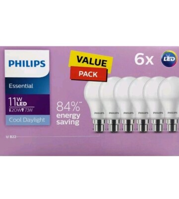 6 x Philips 11W LED Bulbs Globe Cool Daylight 1250 Lumen B22 A60 Value ...