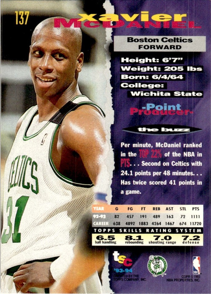 1993-94 Stadium Club Basketball Card Xavier McDaniel Boston Celtics ...
