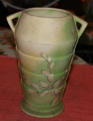 Antique HAAG England Pottery Vase Triangle Handles Ribbed Body Green ...