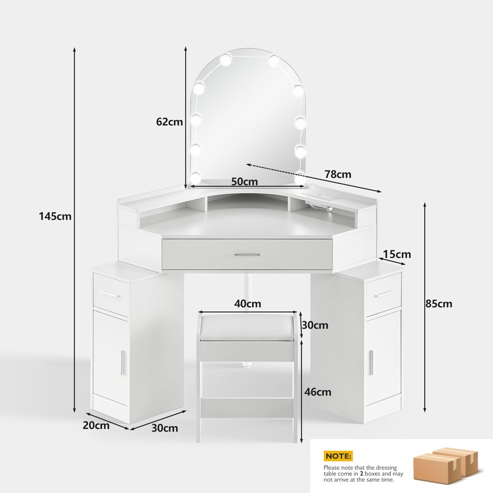 Corner Dressing Table with LED Lights Arch Mirror Vanity Make up Desk ...