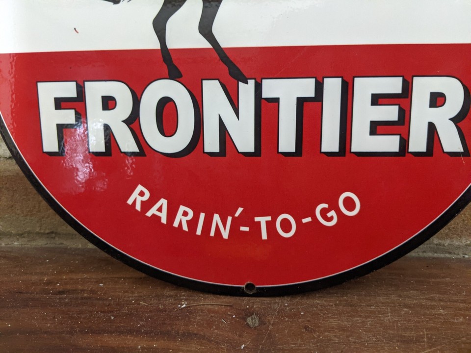 VINTAGE FRONTIER GASOLINE & MOTOR OIL PORCELAIN ENAMEL PUMP SIGN 12 ...