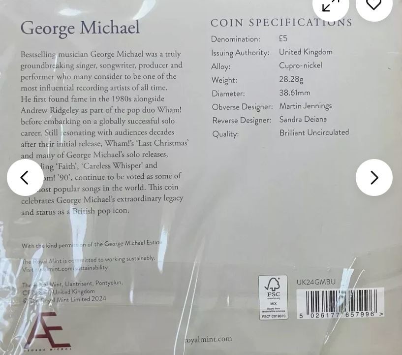 2024 George Michael UK £5 BU Coin Royal Mint Sealed Presentation Pack ...