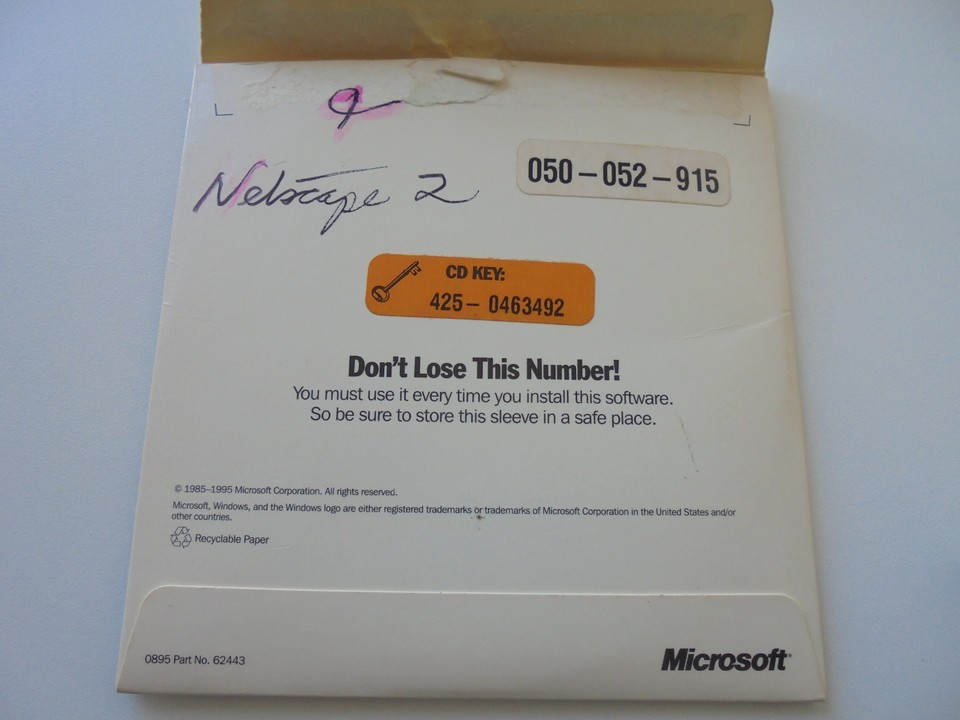 Microsoft Windows 95 Upgrade Software Disc w/CD Key & Netscape ...