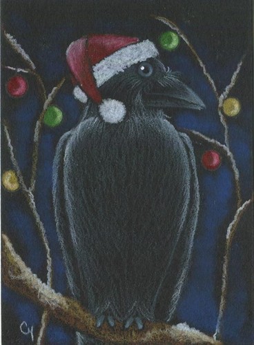 Aceo Christmas Tree Pastel Color Pencil Black Raven Bird Santa Drawing ...