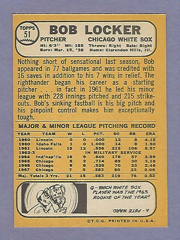 1968 Topps - #51 Bob Locker - Chicago White Sox - NrMt | eBay
