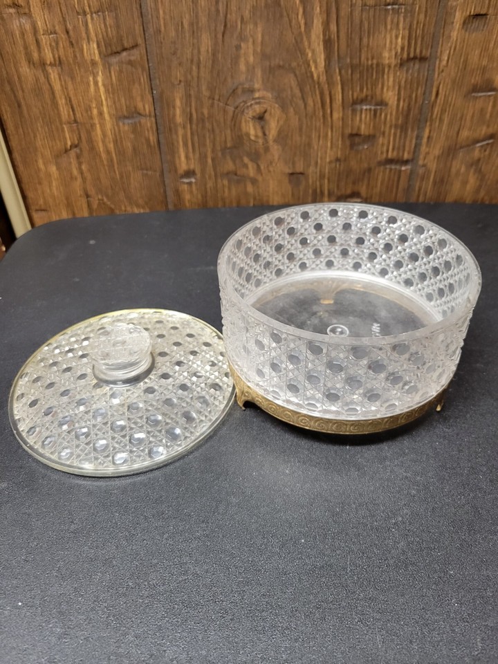 Avon Powder Puff container, no box, clear plastic with gold footed base ...