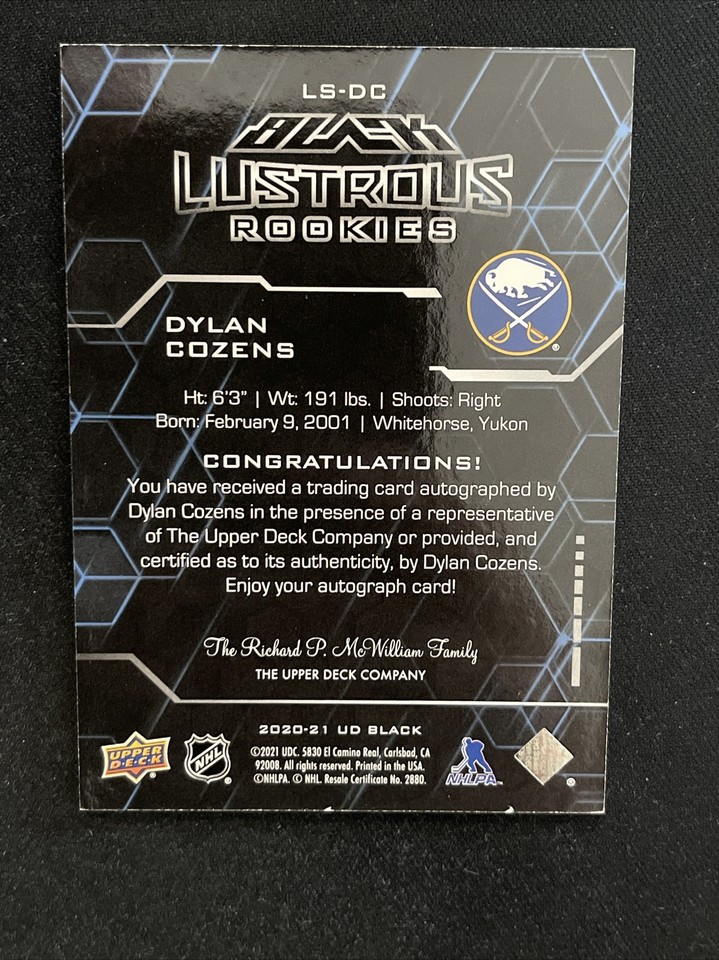 20-21 UD Black Hockey Lustrous Rookies Auto Purple SP LS-DC Dylan Cozens /25 | eBay