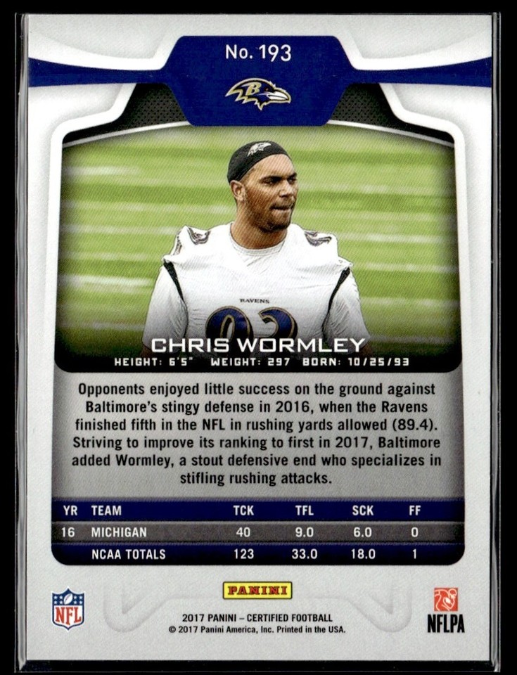2017 Certified Chris Wormley Rookie /999 Baltimore Ravens #193 | eBay