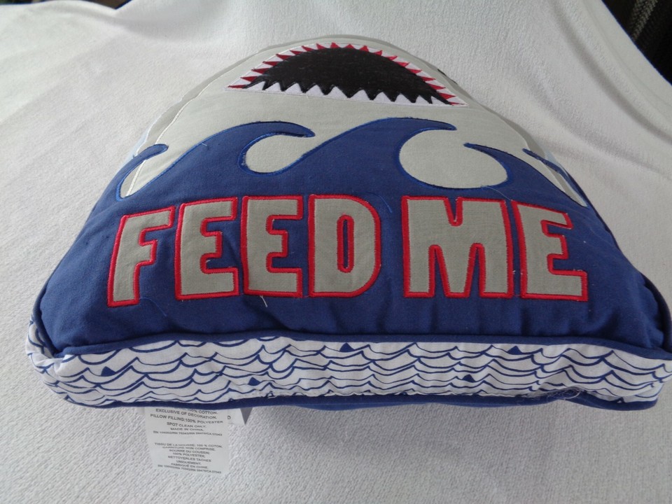 New embroidered decorative pillow SHARK "FEED ME" 15" X 20" | eBay