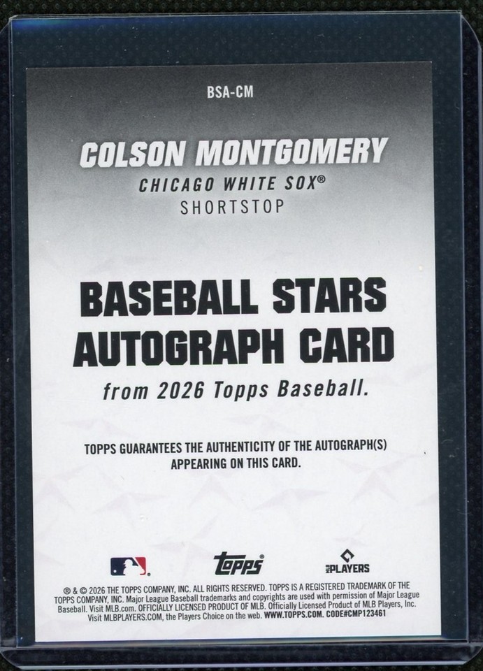 Colson Montgomery 2026 Topps Series 1 Baseball Stars Auto RC Chicago ...