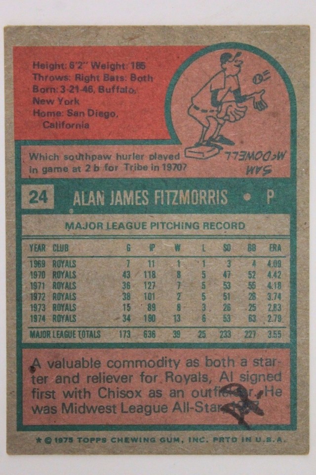 AL FITZMORRIS Kansas City Royals Autographed 1975 Topps #24 Signed Card ...