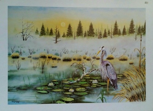 Rodney J. Johnson S/N LE Lithograph 'Lunch' blue heron frog lake lily ...