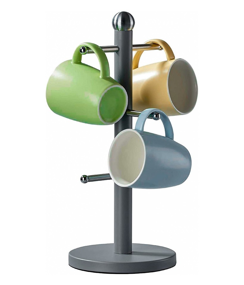 Stainless Steel Matt Grey Coated 6 Cups Mug Tree Kitchen Storage Rack ...