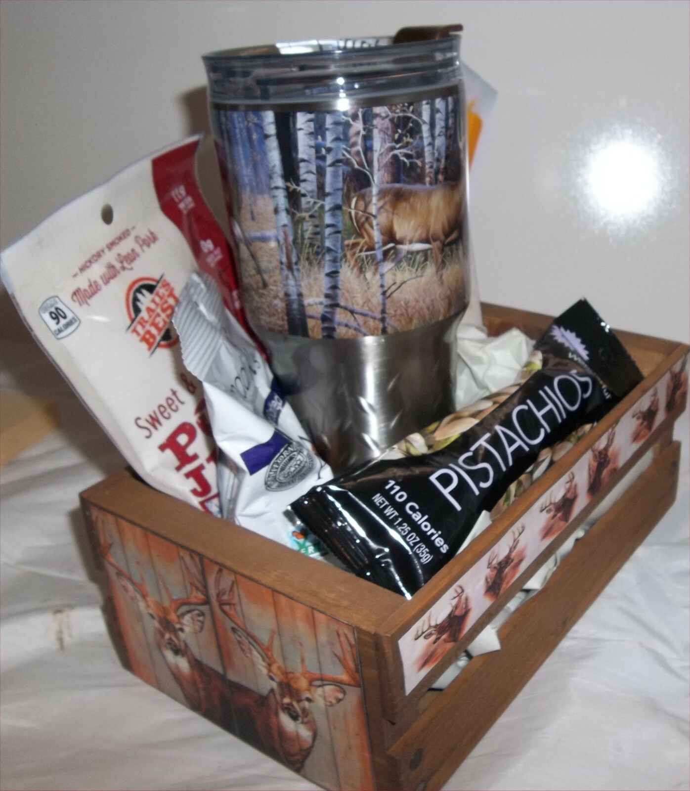 Deer Wood Crate Travel Mug Nuts Jerky Hunters Gift Basket Mens Gift Any ...