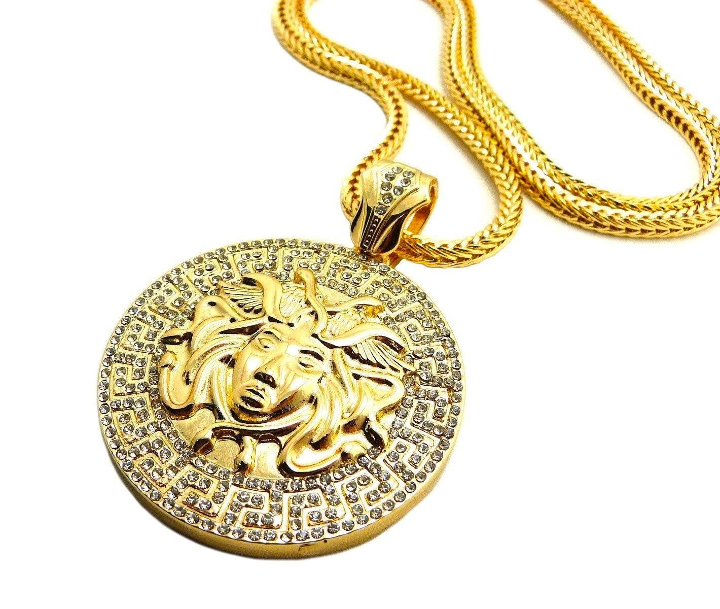 MENS ROUND RAPPER MEDALLION PENDANT GOLD FRANCO CHAIN 36" NECKLACE | eBay