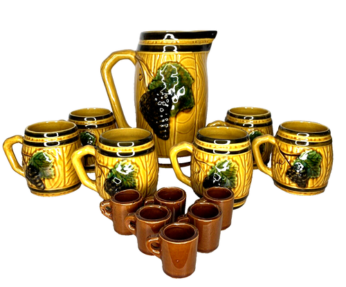 Ceramic Pitcher Lot + 6 Cups + 6 Small - Barrel Shape Vintage Grape ...