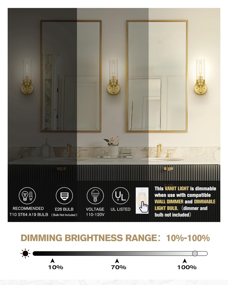 Brushed Gold Sconces Wall Decor Set of 2, Modern Bathroom Light ...