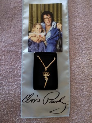ELVIS PRESLEY TCB GOLD PLATED RHINESTONE NECKLACE&BLUE SCARF&ELVIS/LISA ...