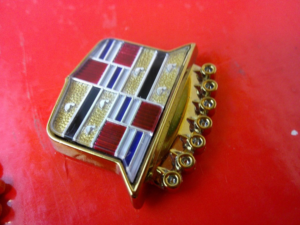 Two gold Cadillac Crests, OEM GM parts, emblems badges logos insignia ...