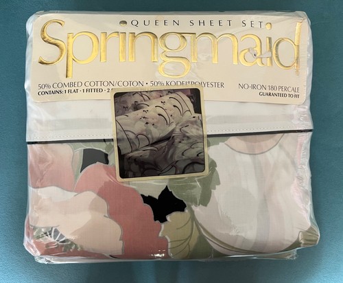 Vtg Springmaid QUEEN Sheet Set Andre Richard 'ANASTASIA' Lg PINK POPPY ...