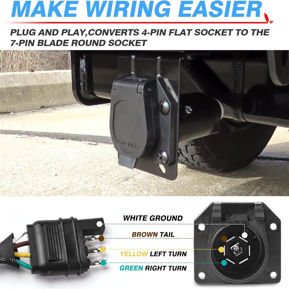 Flat 4-Pin to 7 Way Blade RV Trailer Plug Adapter Tow Truck Light Wire ...