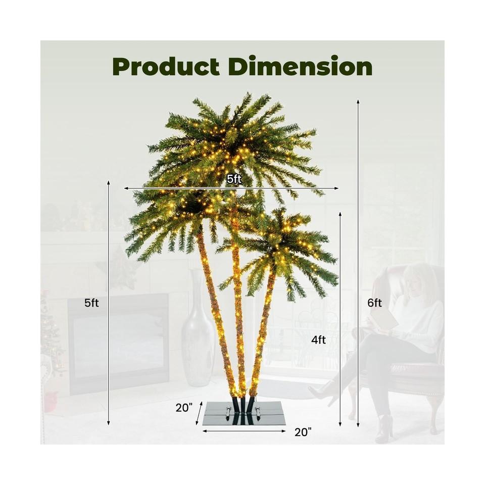 Tangkula 6FT Christmas Lighted Triple Palm Tree, Pre-lit Tropical Style ...