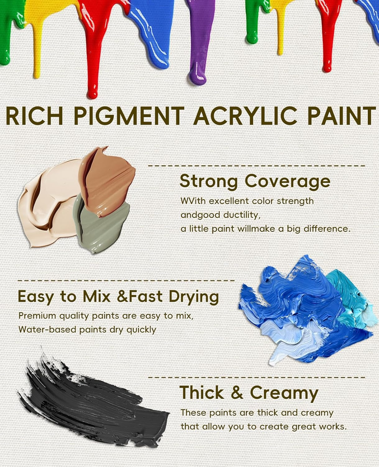 50 Color Acrylic Paint Set, 2Oz Bottles, Rich Pigmented Canvas Paint ...