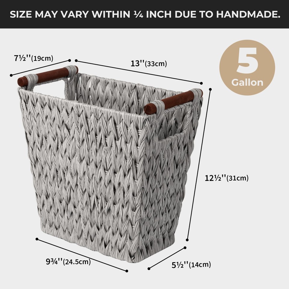 Grey Woven Waste Basket with Wood Handles Wicker Trash Can 13x7x12 inch ...