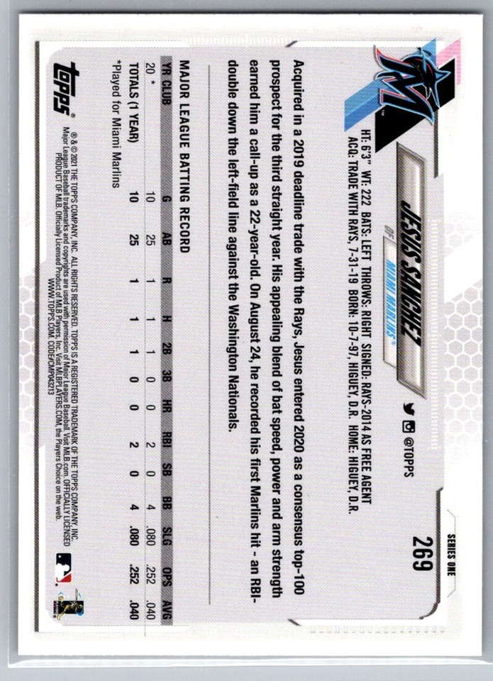 2021 Topps Gold Foil Jesus Sanchez Rookie Miami Marlins #269 | eBay