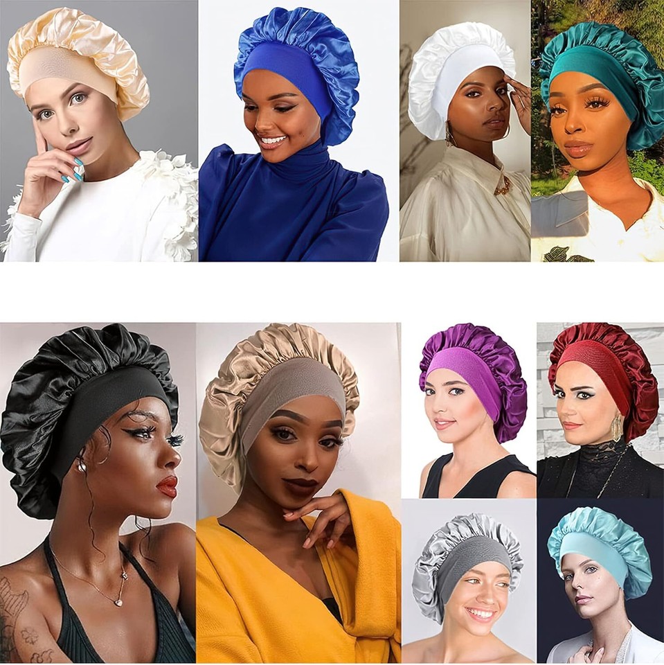 Women Satin Bonnet Night Sleep Cap Hair Hat Silk Head Cover Wide ...