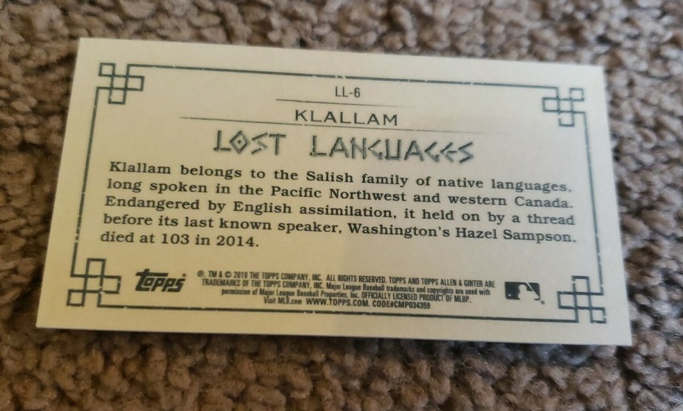 2019 Topps Allen Ginter Baseball Mini Lost Languages LL-6 Klallam ...