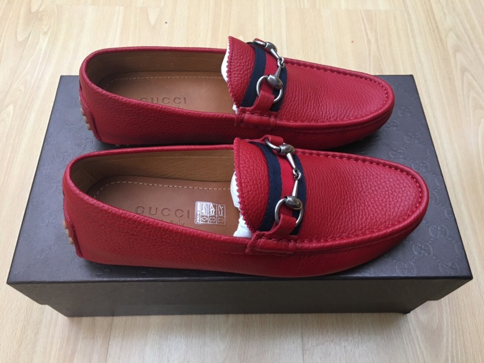 Gucci Loafers Shoes Red Leather Horsebit Blue Web Driver Mens UK 5 US 6 ...